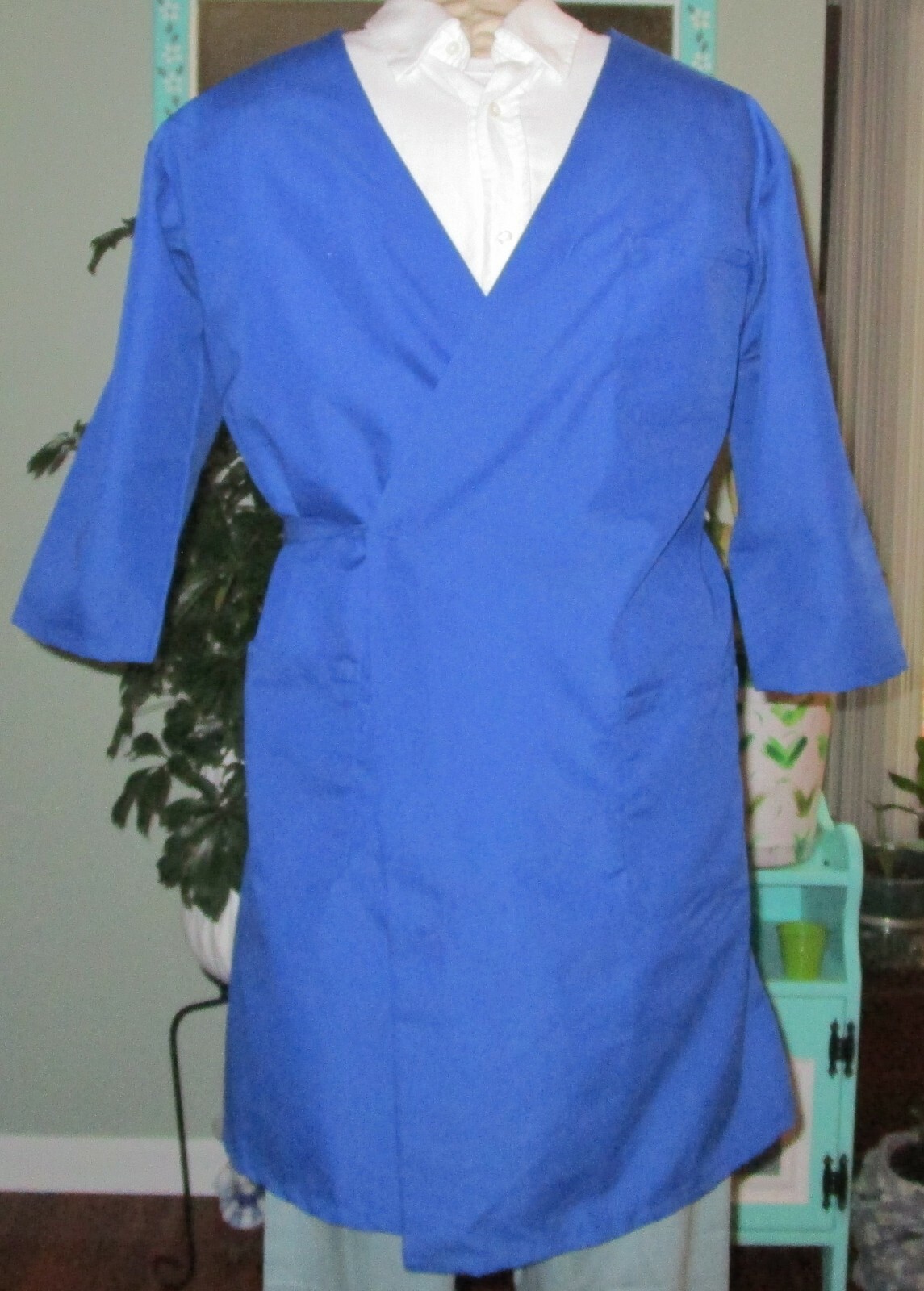 Wraparound Smock Gown 3 Pocket 3/4 Sleeve Medical Butcher 37" Length Sz ...