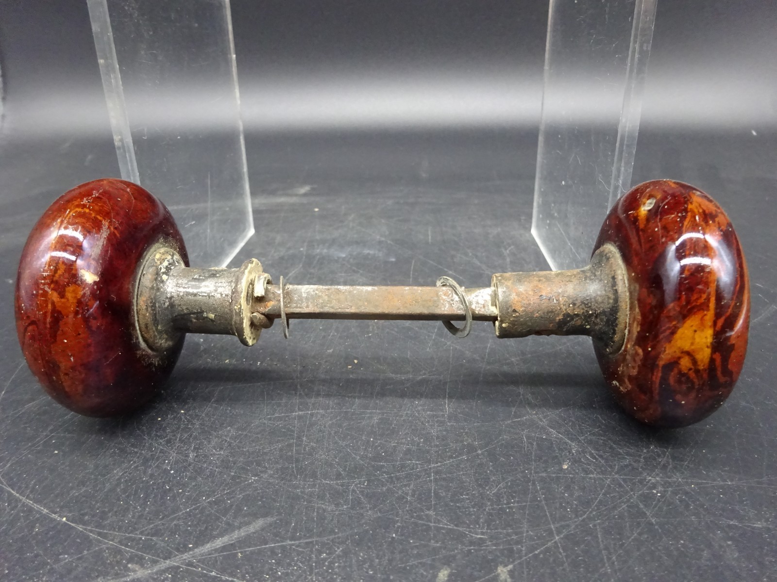 Pair of Antique Bennington-Style Brown Swirl Porcelain Door Knobs w ...