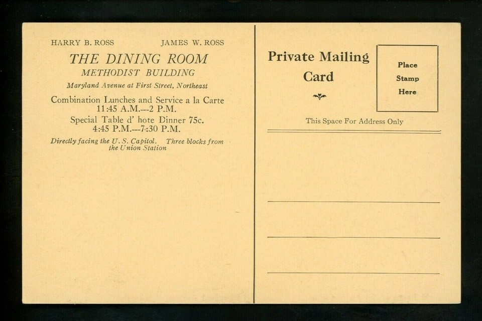 Restaurant postcard Washington DC, Methodist Dining Room interior ...