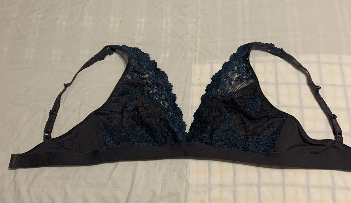 WACOAL 852191 Lace Wire Free Bra 40 Iron Gray / Blue Wirefree Bralette ...