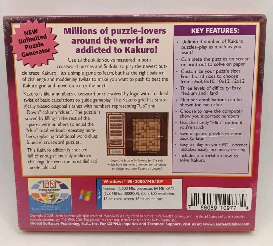Kakuro Puzzle Addict Unlimited Edition PC CD-Rom Video Game - NIB | eBay