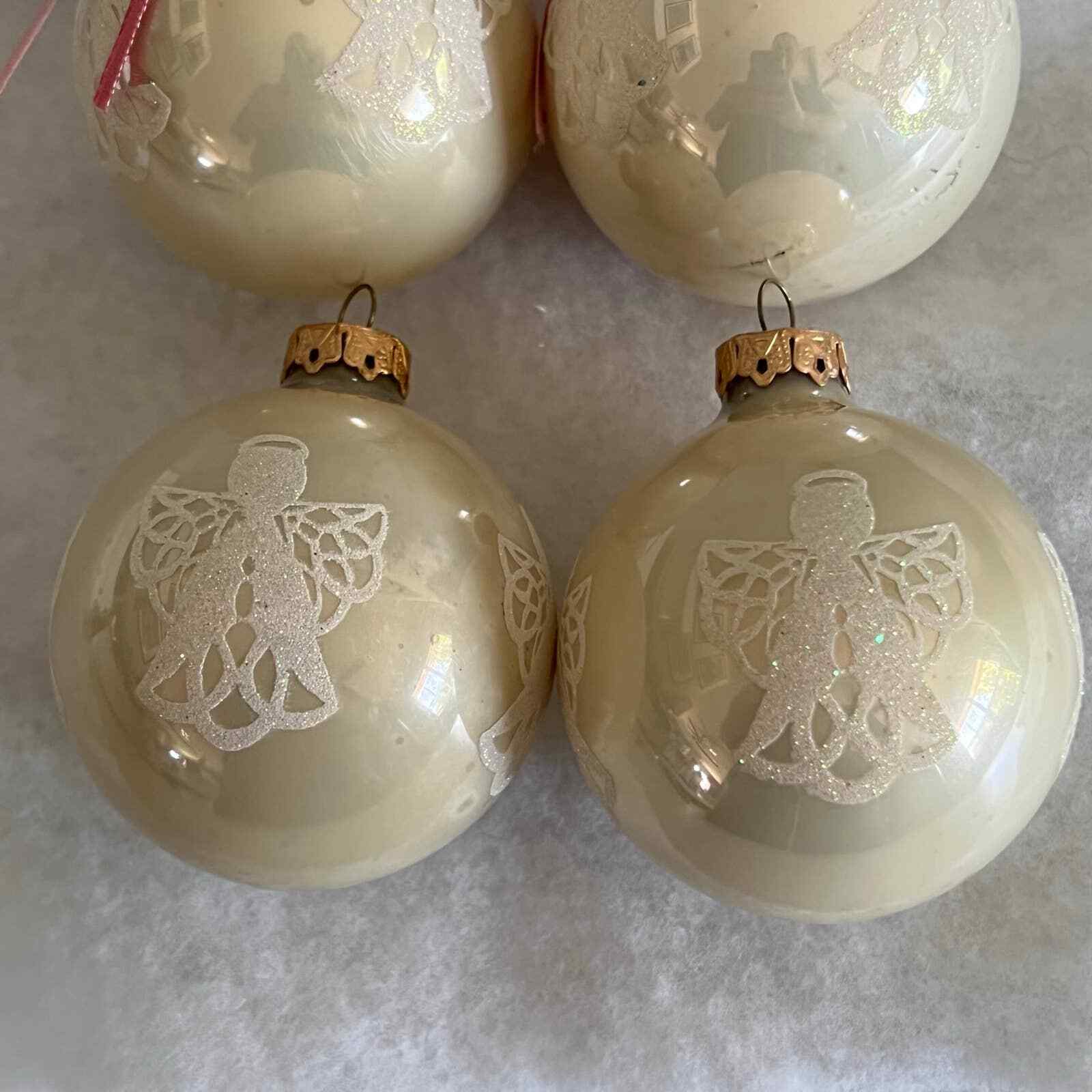 Lot of 4 Vintage White Silver Angel Stenciled 8" Round Ball Christmas ...