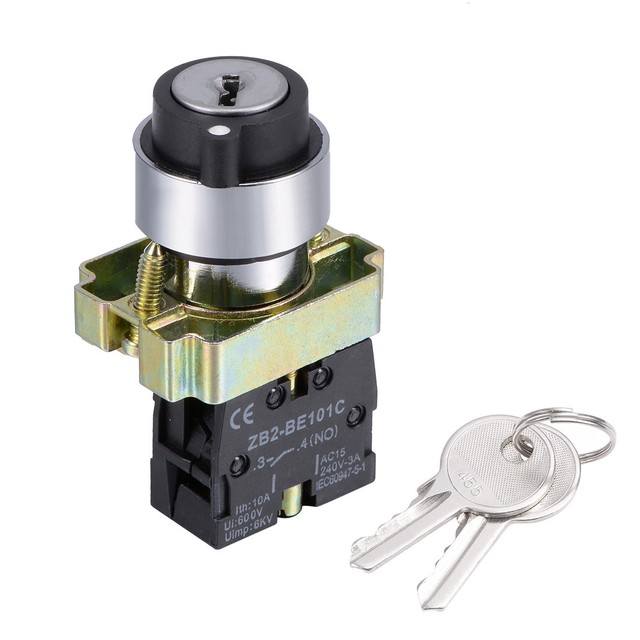 1Pcs 22mm 2 Position Key Locking Push Button Switch W Keys Black NO for ...