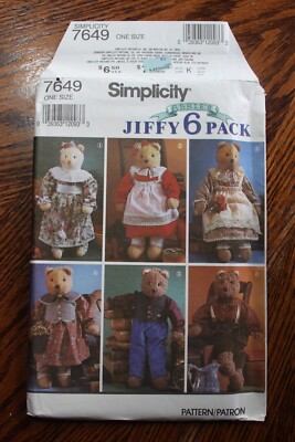Simplicity 7649 Jiffy Six Pack 22" Stuffed Bear Dolls & Clothes Sewing ...