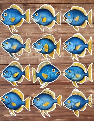 Blue and Gold Fish Die Cut Vinyl Stickers Set Scrapbooking Laptop Water ...
