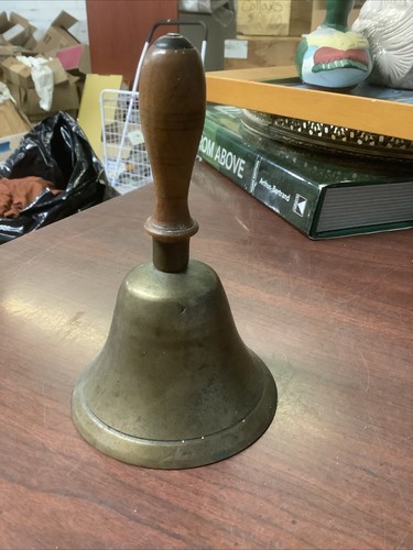 Antique 50’s-60’s Large Brass Hand Held School Bell With Wooden Handle ...