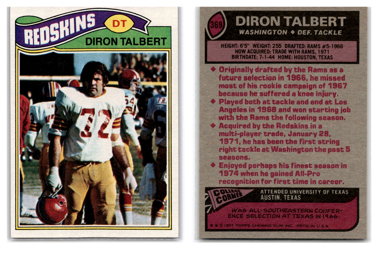 1977 Topps #369 Diron Talbert EXMT/NM - Washington Redskins | eBay