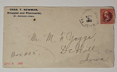 ST ANTHONY IOWA 1901 Cover Printed Pharmacy Return to DEWITT IA DPO R2 ...