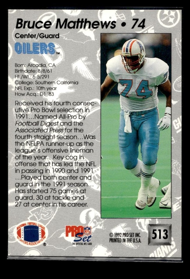 1992 Pro Set Football Card #513 Bruce Matthews Houston Oilers | eBay