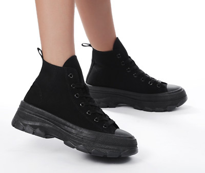 ON TREND TOTAL BLACK CANVAS PLATFORM HI TOP PLIMSOLL | eBay UK