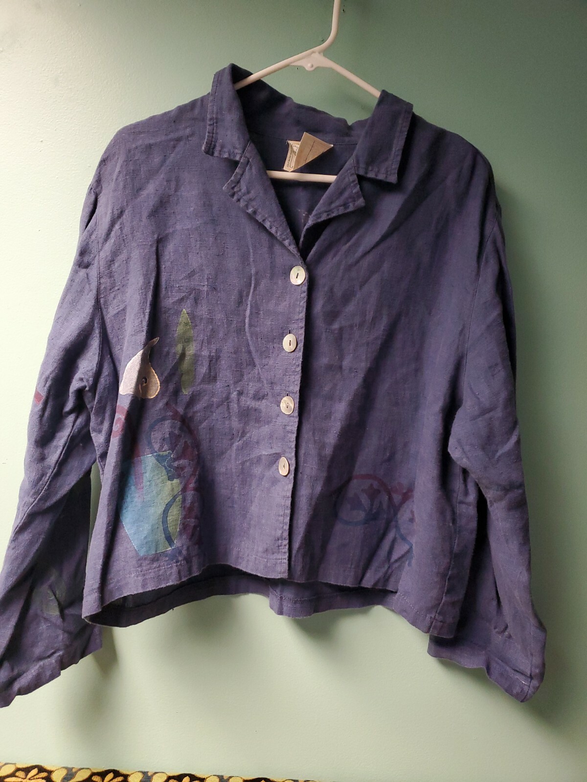 Play Alegre Hand Painted Womens Blue Linen Shell Button Up Tulip ...