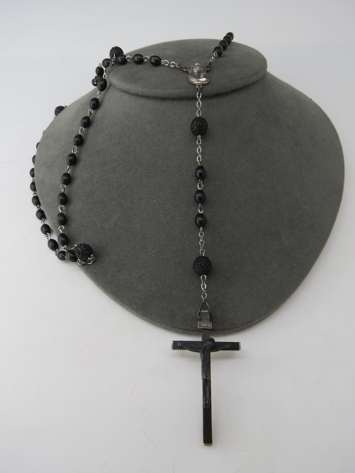 Vintage Rosary Prayer Carved Beads Christian Crucifix Jet Black Marked ...