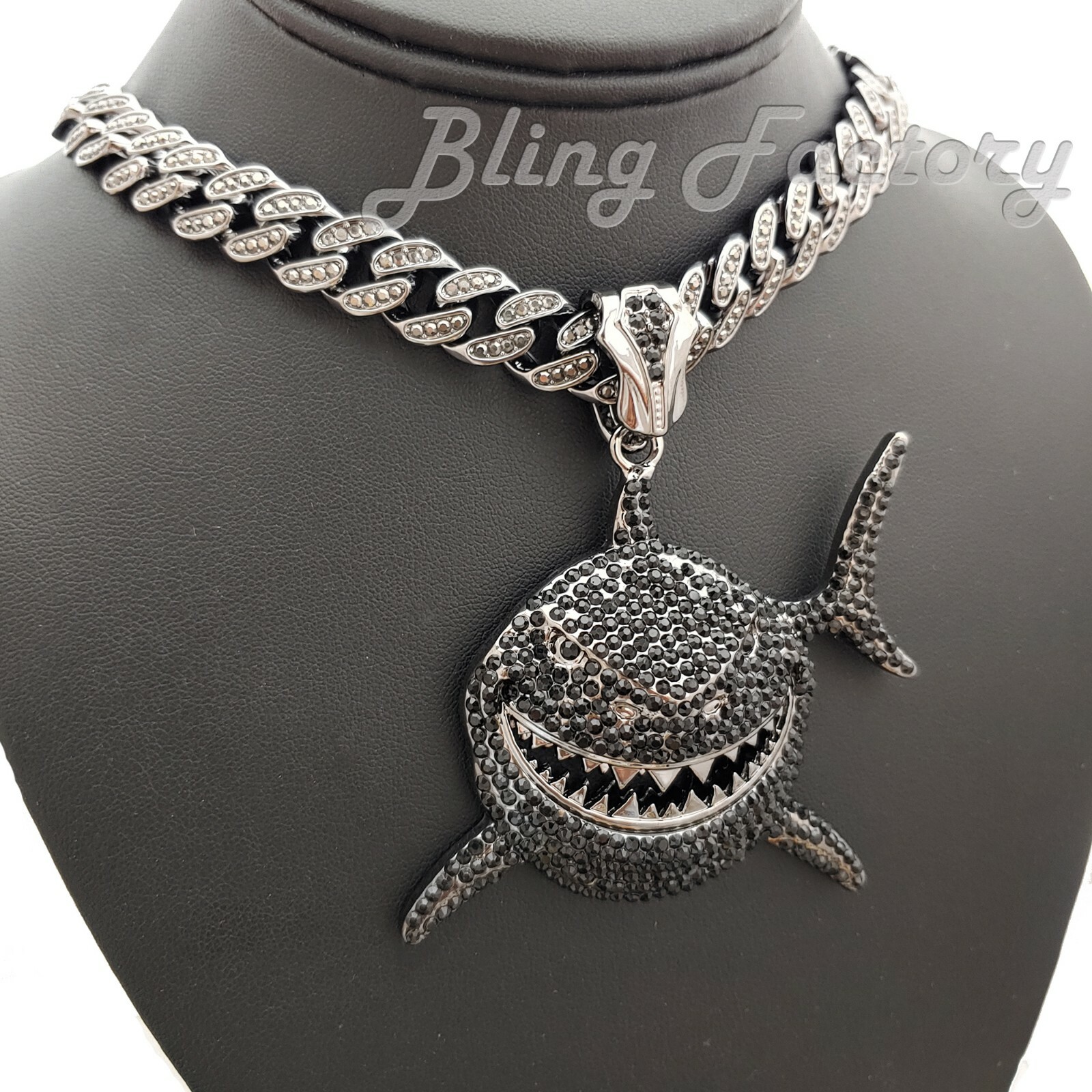 6ix9ine Iced Black Shark Large Pendant 16" ~ 24" Full Iced Cuban Chain ...