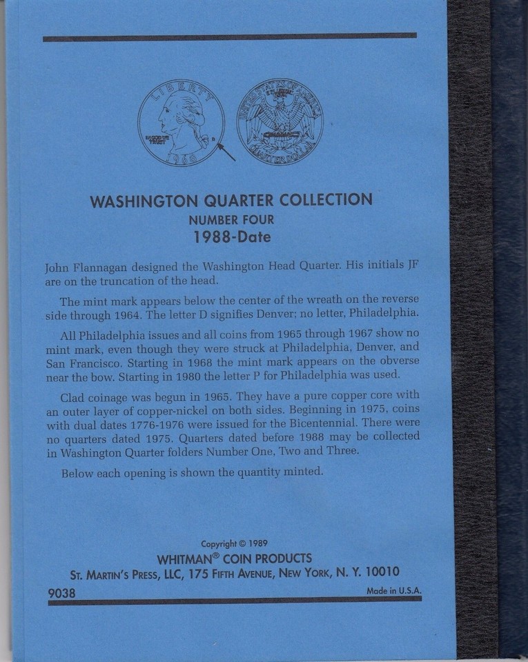 Whitman Folder 9038 Washington Quarters Collection 1988 1998 Vol 4 ...