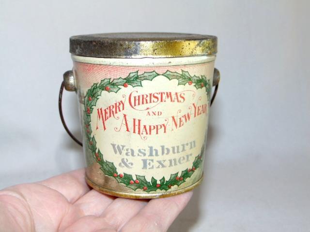 Antique PINK Miniature CANDY or PEANUT BUTTER TIN Pail, MERRY CHRISTMAS ...