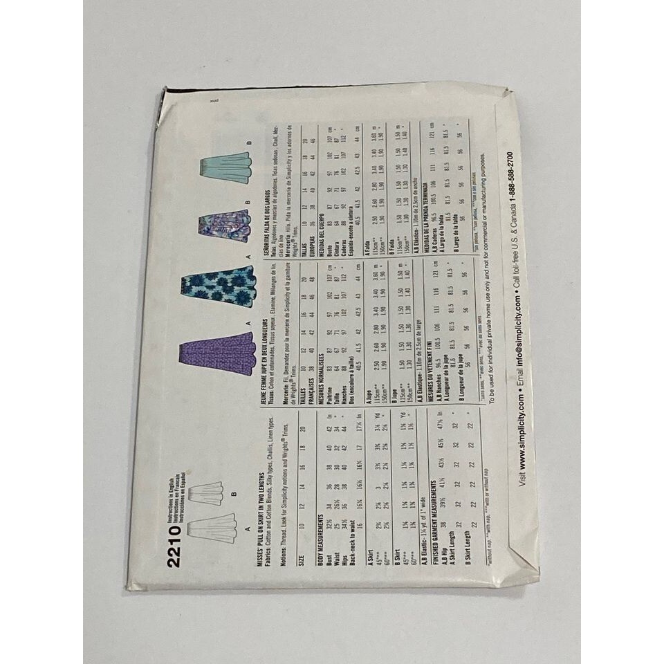 Simplicity Sewing Pattern 2210 Size A 10-20 Pull On Skirt Two Lengths ...