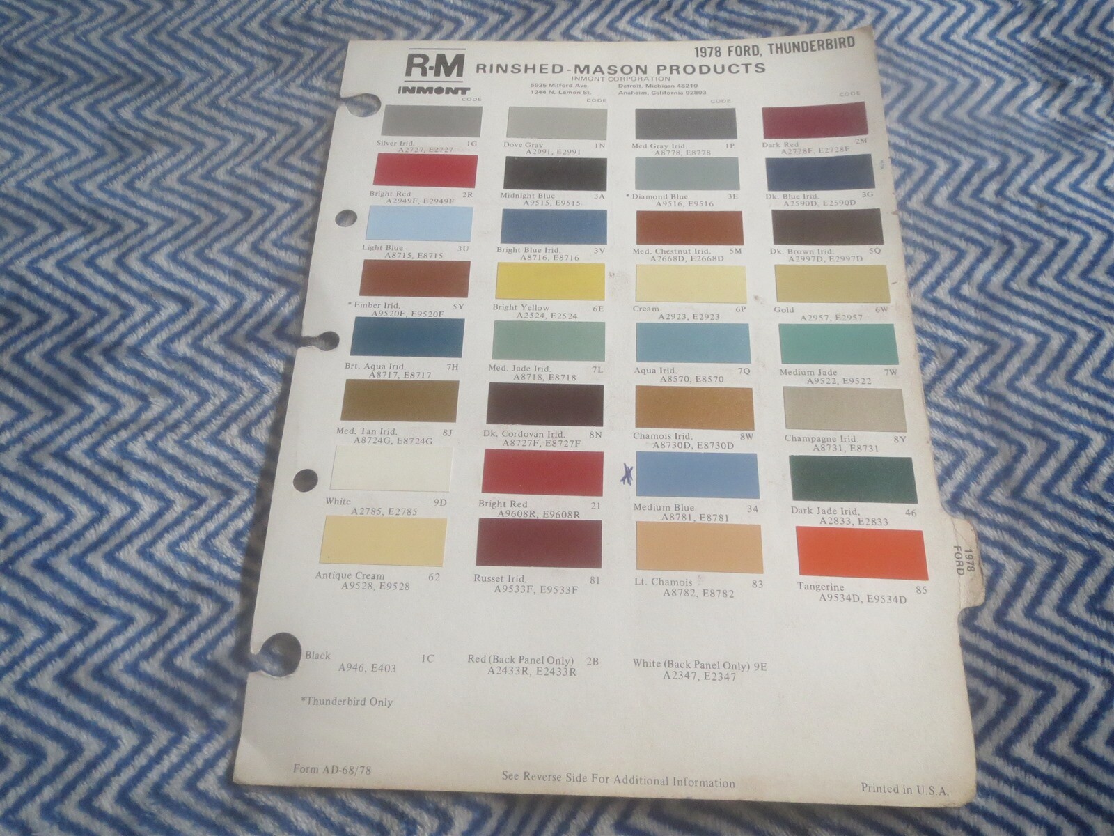 1978 FORD THUNDERBIRD COLOR CHIPS CHART BROCHURE | eBay