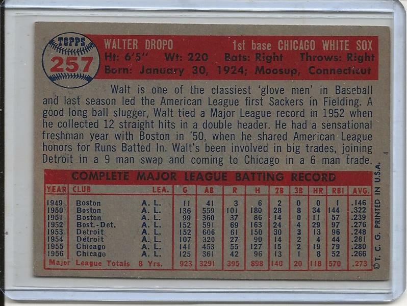 1957 Topps Baseball Card Walt Dropo Chicago White Sox Near Mint # 257 ...