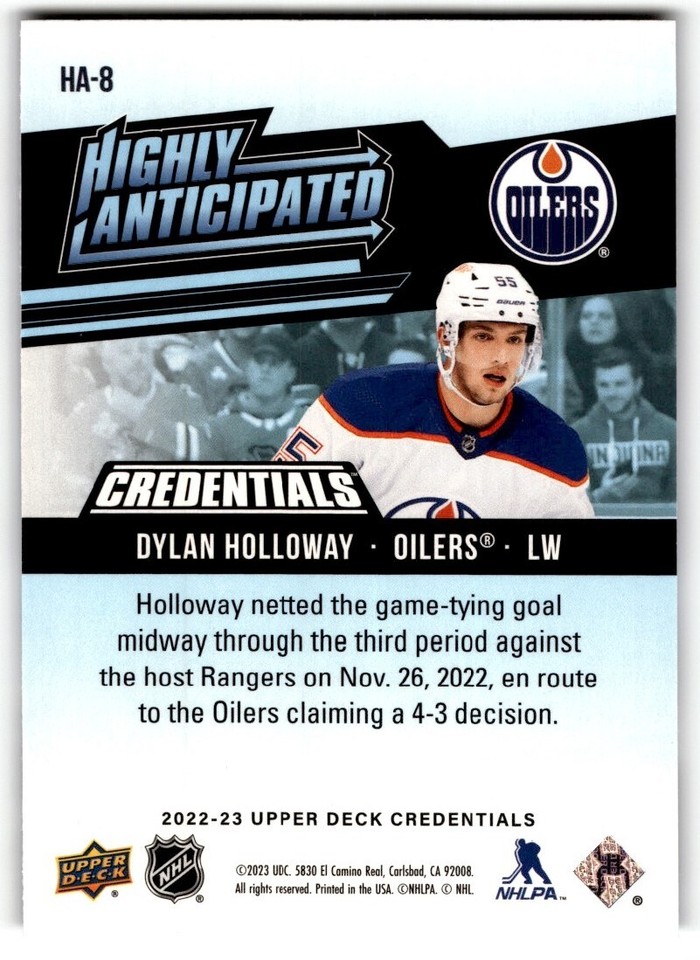 Dylan Holloway 2022-23 UD Credentials Highly Anticipated Rookie #HA-8 ...