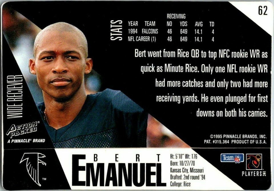 Bert Emanuel 1995 Action Packed #62 Atlanta Falcons Football Card | eBay