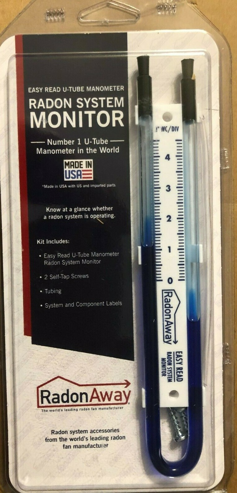 RadonAway Radon Monitor Easy-To-Read U-Tube Manometer P/N 50020 MADE IN ...