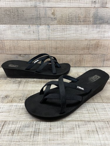 Teva Mush Wedge Heel Black Strappy Flip Flops Toe Loop Sandals Women's ...