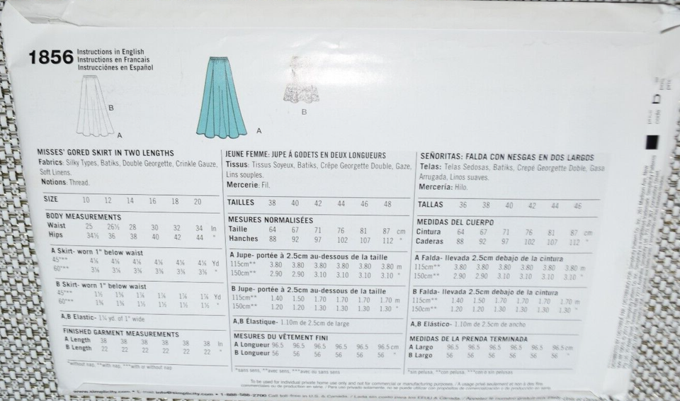 Simplicity Pattern 1856 Misses' Chic Gored Skirt in Two Lengths Sz 10 ...