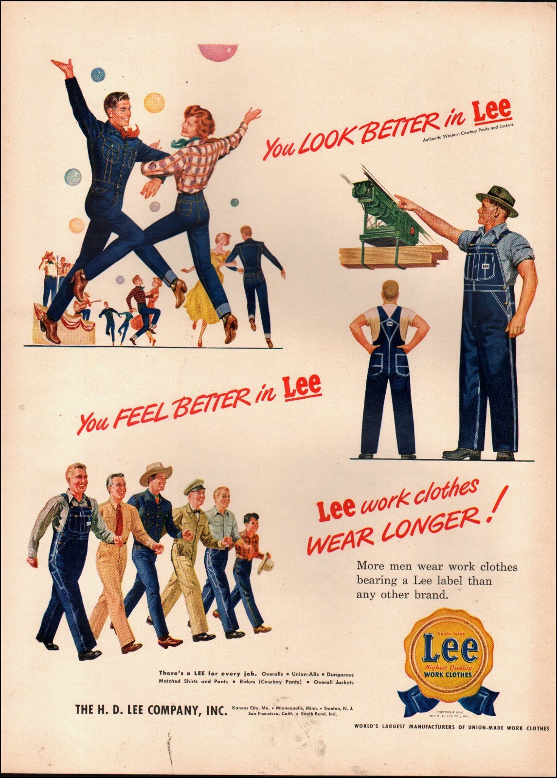 1950 Vintage ad Lee Work Clothes retro Over alls Art The H.D. Lee Co ...