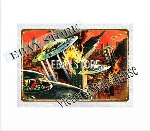 1962 The Skyscraper Tumbles Mars attacks Space Sci fi art metal tin ...