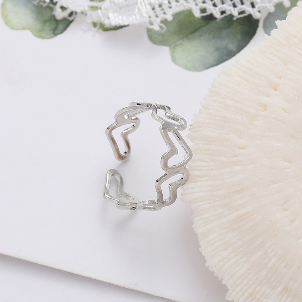 2Pcs/Set Silver Color Rings Hollowed Heart Shape Open Ring Adjustable ...