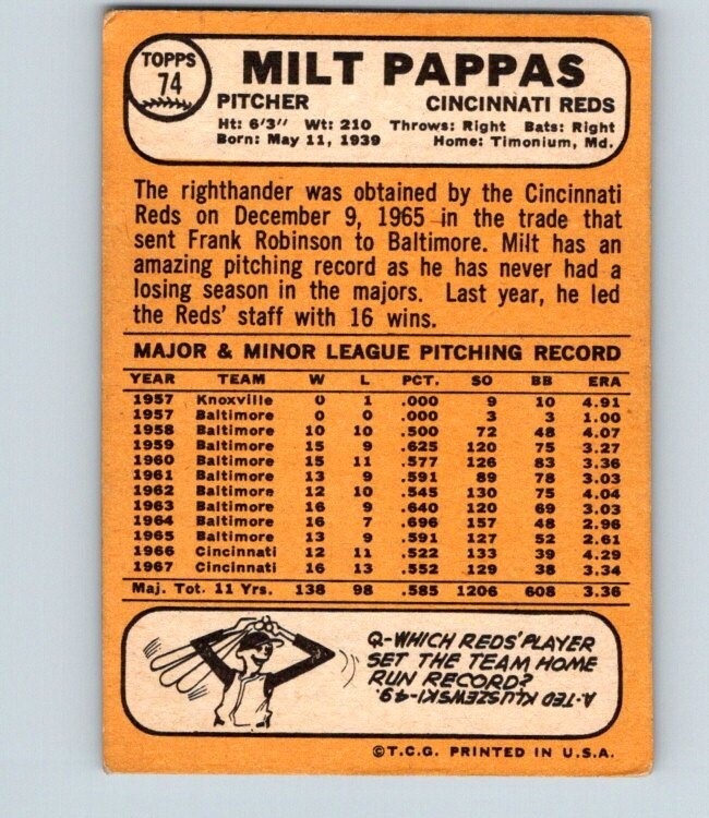 1968 TOPPS BASEBALL #74 MILT PAPPAS MID GRADE JG | eBay