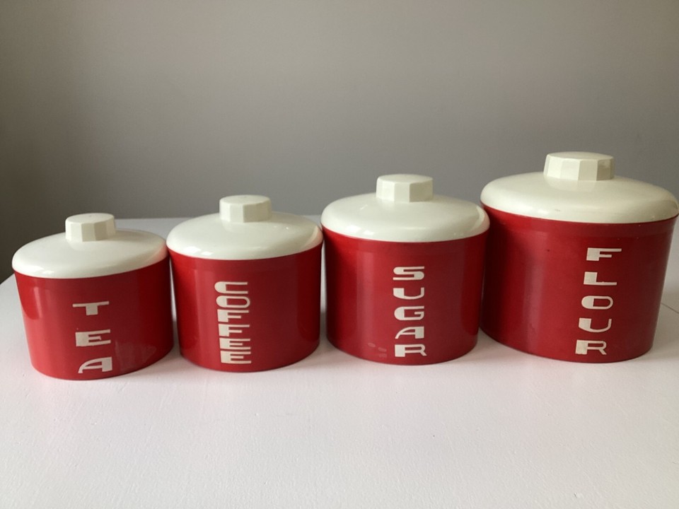 Set of 4 vintage red & white kitchen canisters | eBay