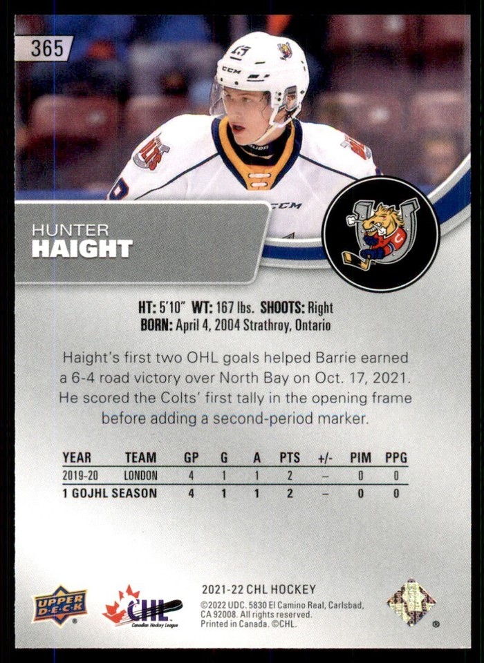 21-22 CHL Base Star Rookies #365 Hunter Haight - Barrie Colts | eBay