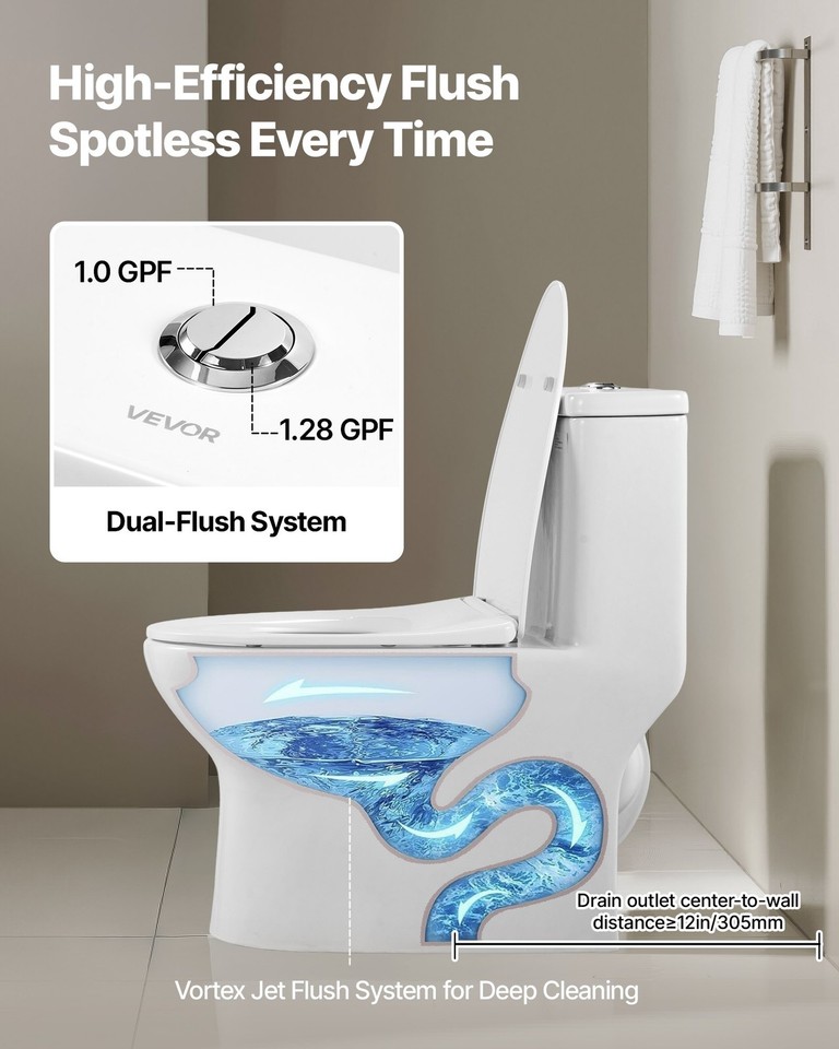 For One-Piece Toilet, Elongated Toilet Vortex Dual-Flush 1.0/1.28 GPF ...