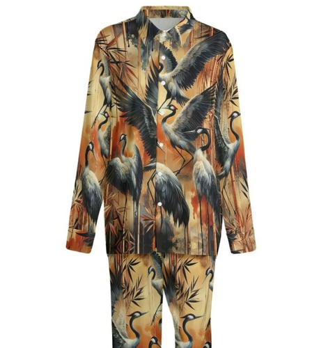 Unisex Crane Print Satin Pajamas Lounge Set Plus Sizes, Chinoise ...