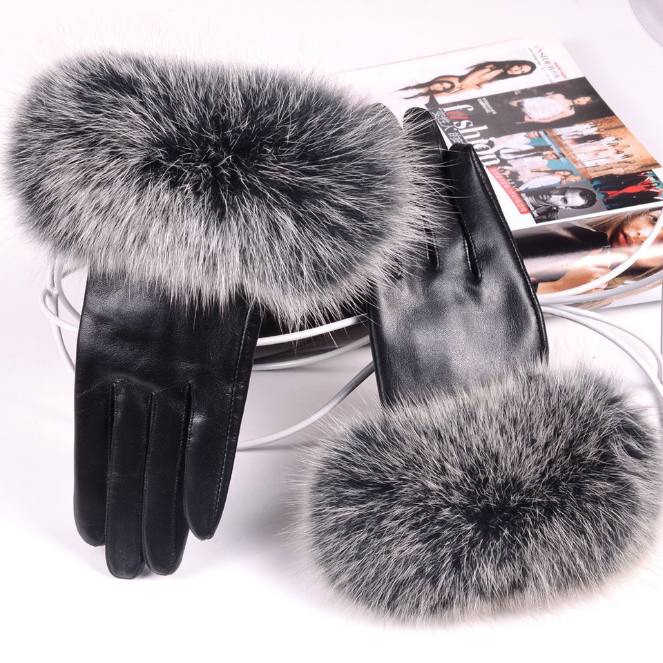 Women's 100% Real Fox Fur with Leather Winter Warm Touch Screen ...