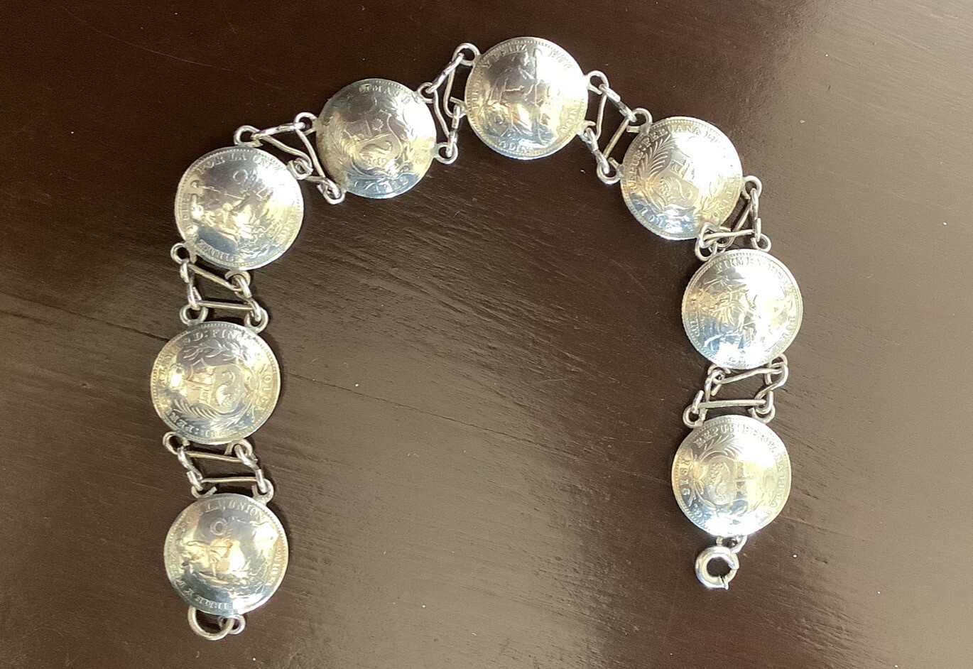 Spectacular Vintage Peruvian Sterling Coin Bracelet - Gem
