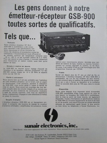 5/1974 PUB SUNAIR ELECTRONICS ORIGINAL FRENCH AD GSB-900 RECEIVER ...