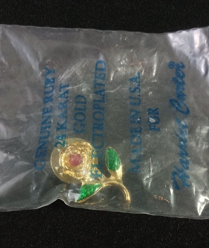 Vintage Harriet Carter Ruby & Enamel Gold Plated Rose Pin - New, Sealed ...