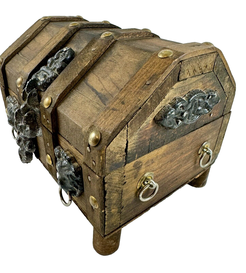Vintage Small Treasure Chest Wooden Jewelry Box with Lions Velvet Lined ...