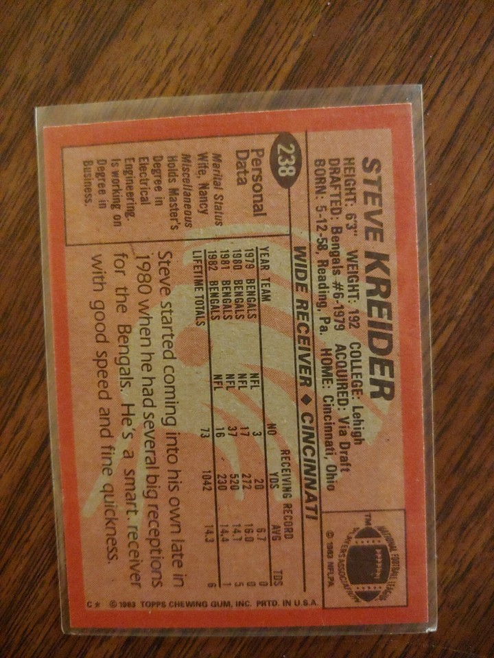 1983 Steve Kreider Bengals Topps Card 238 Free Shipping | eBay