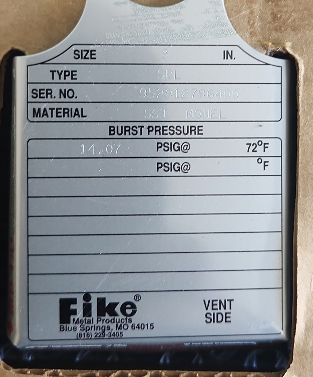 🆕️ Fike SRL Rupture Disc Size 3 14.07 PSIG @ 72 Degrees F Stainless ⚡️ ...