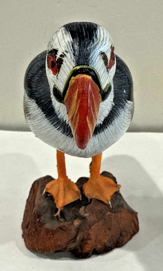 Hand Carved Painted Wood Puffin Bird Figure Nature Sculpture Wood Base ...