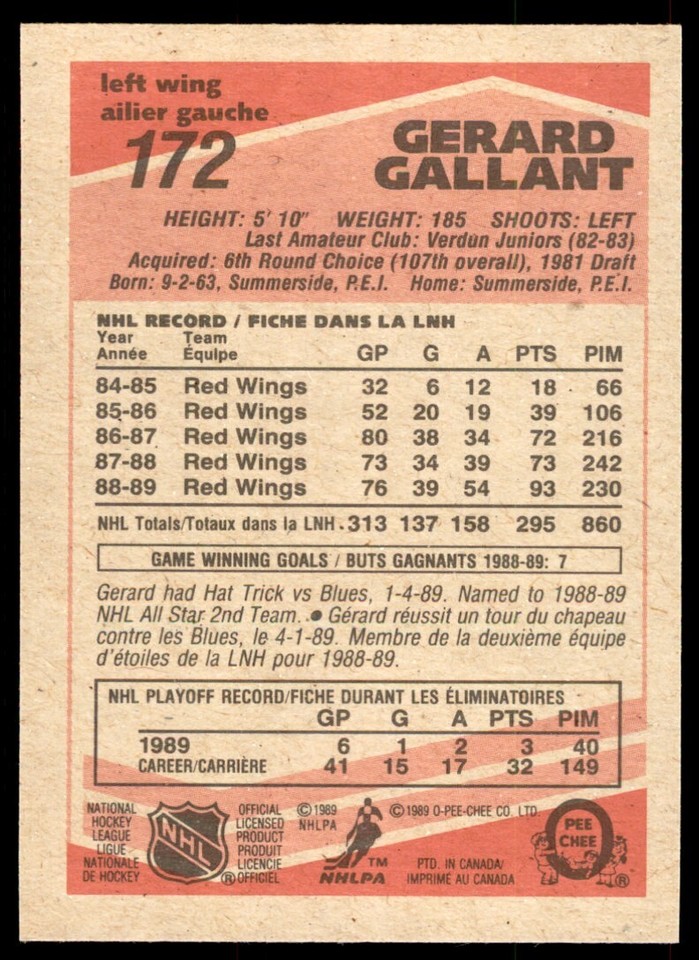 1989-90 O-Pee-Chee Gerard Gallant . Detroit Red Wings #172 | eBay