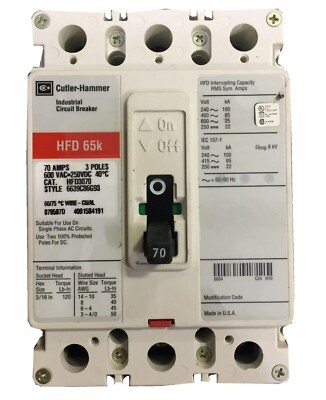 HFD3070 Cutler Hammer 70A 600V 3P Circuit Breaker --SES | eBay
