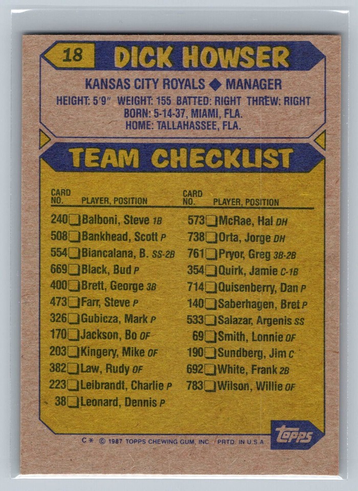 1987 Topps Manager Baseball #18 Dick Howser Team Checklist Kansas City ...