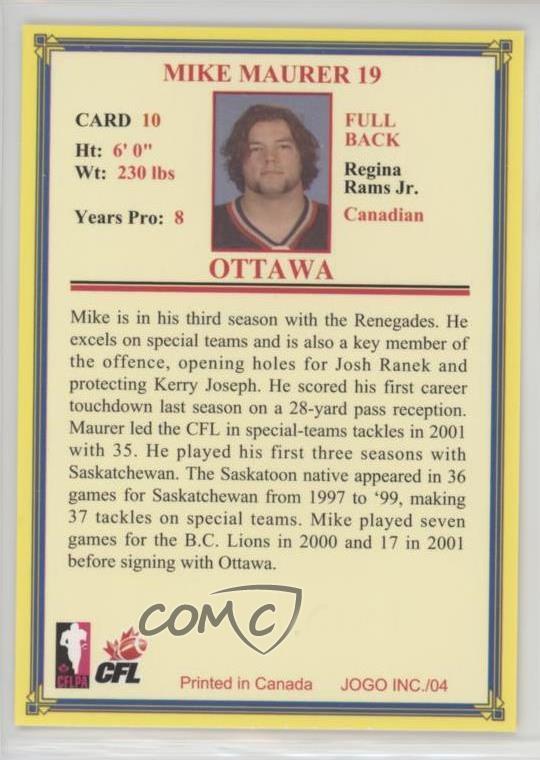 2004 Jogo CFL Mike Maurer #10 | eBay