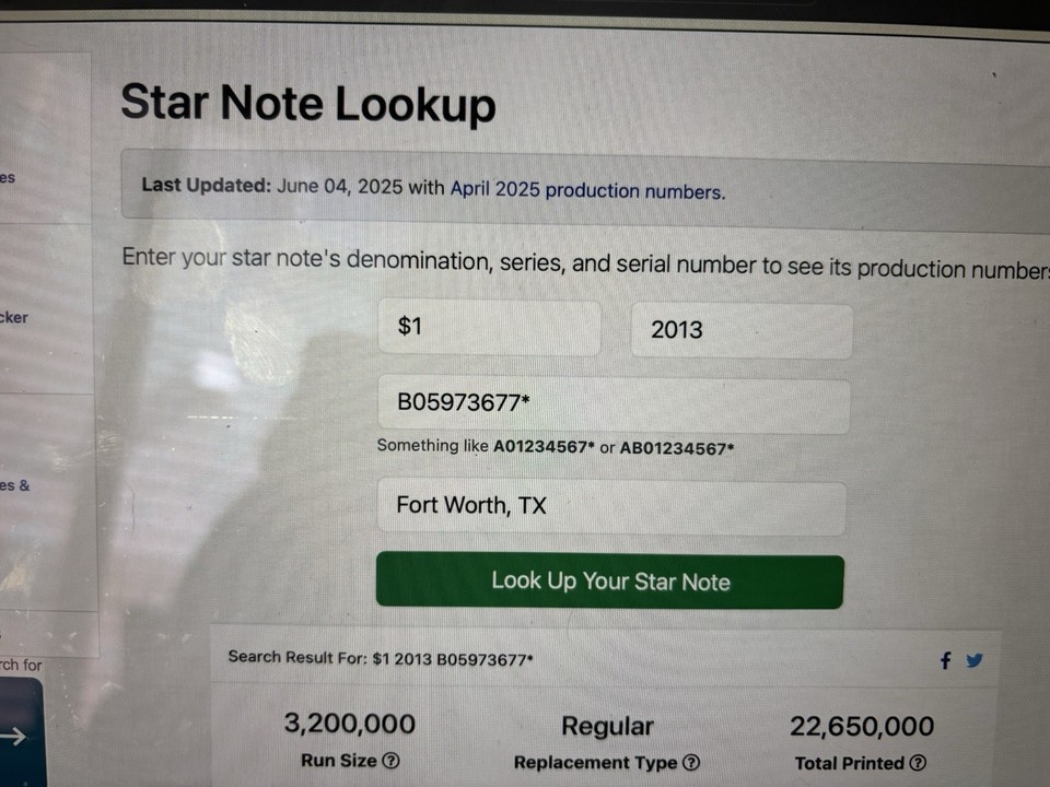 2013 Duplicate Star Note B05973677 Fancy Dollar Serial Number | eBay