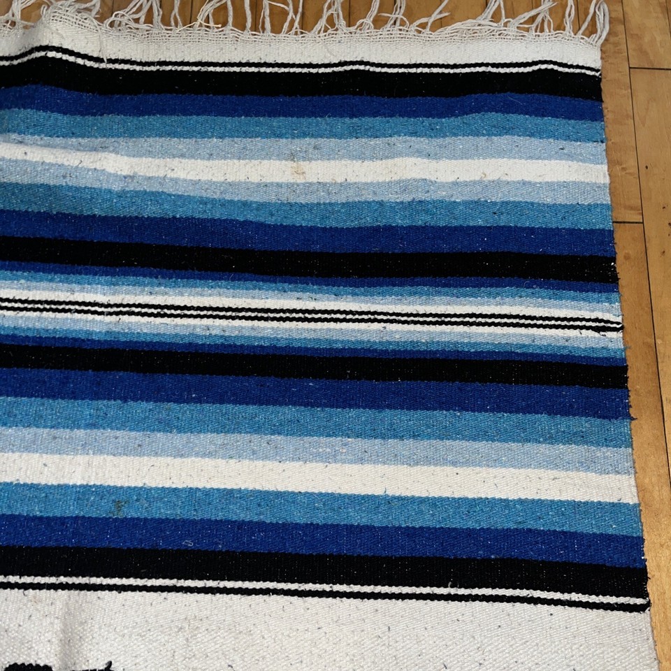 Large Vintage Mexican Blanket Saltillo Serape Rug Blue & White 79” x 47 ...