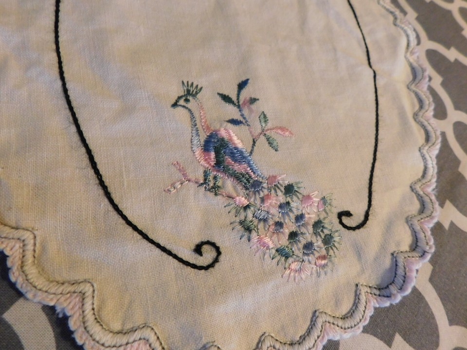 Hand Embroidered Peacock Table Runner Vintage | eBay